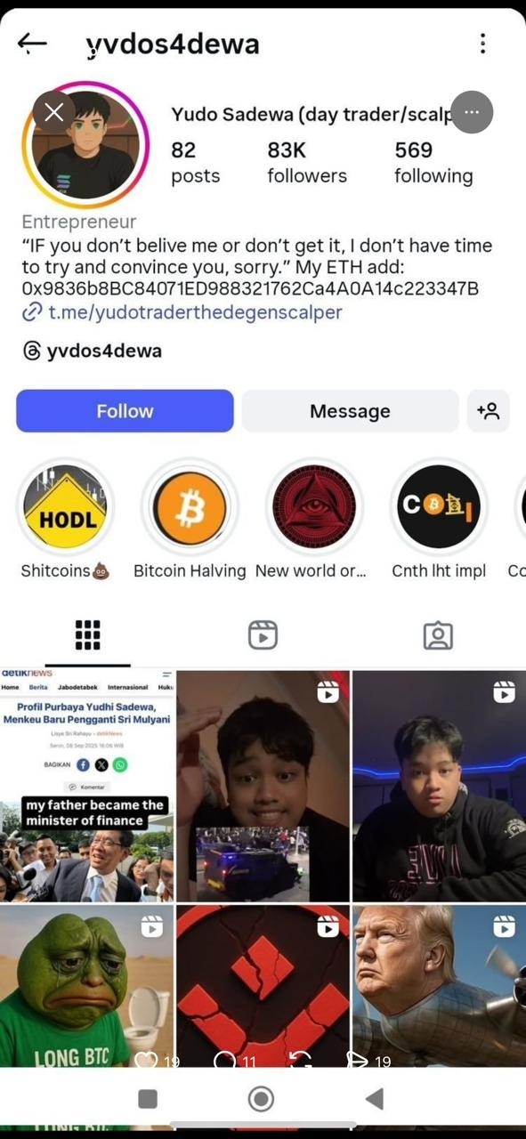 Akun IG Yudo Sadewa, Anak Purbaya Yudhi Sadewa Hilang Usai Ejek Sri Mulyani Agen CIA